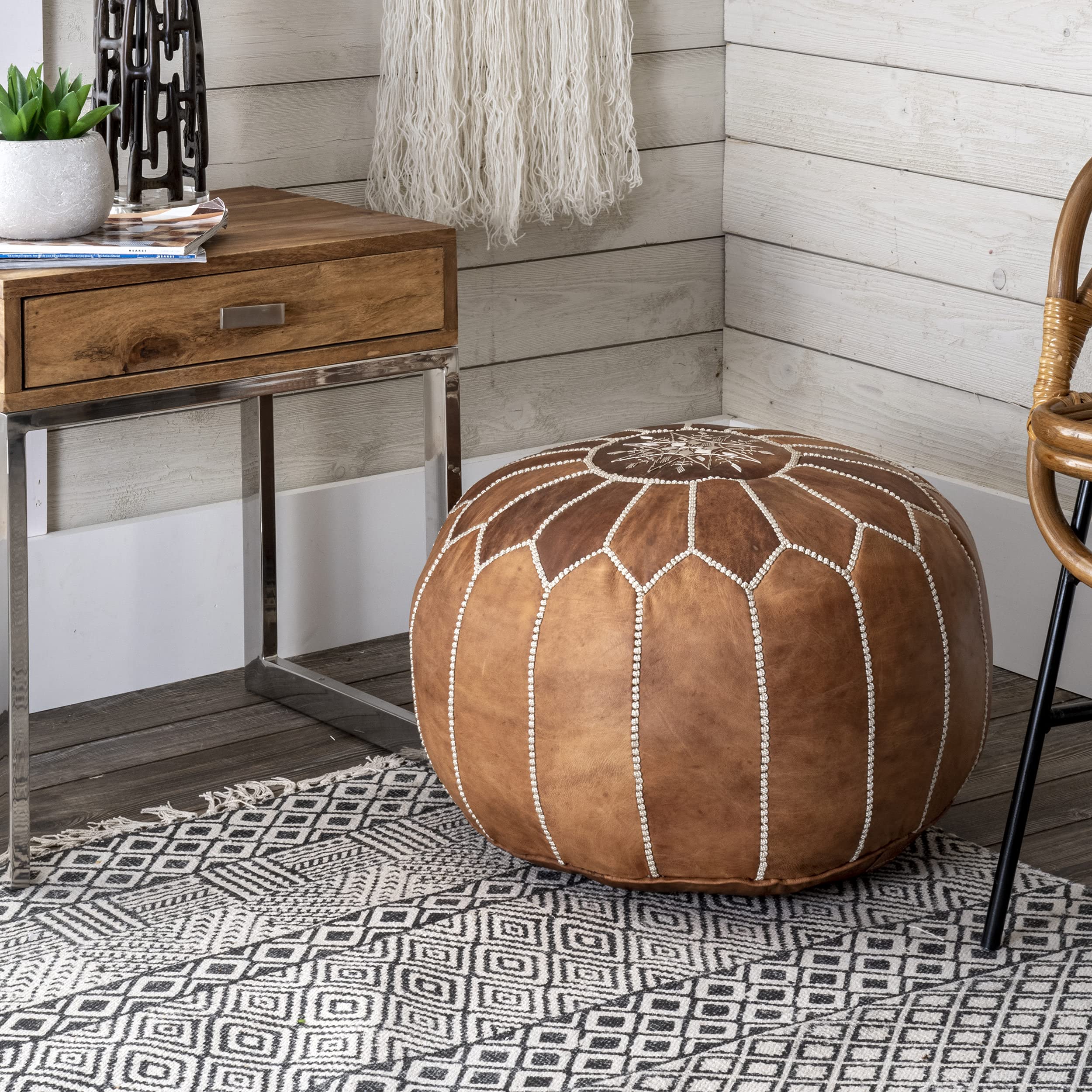 nuLOOM Handmade Moroccan Leather Filled Ottoman Pouf