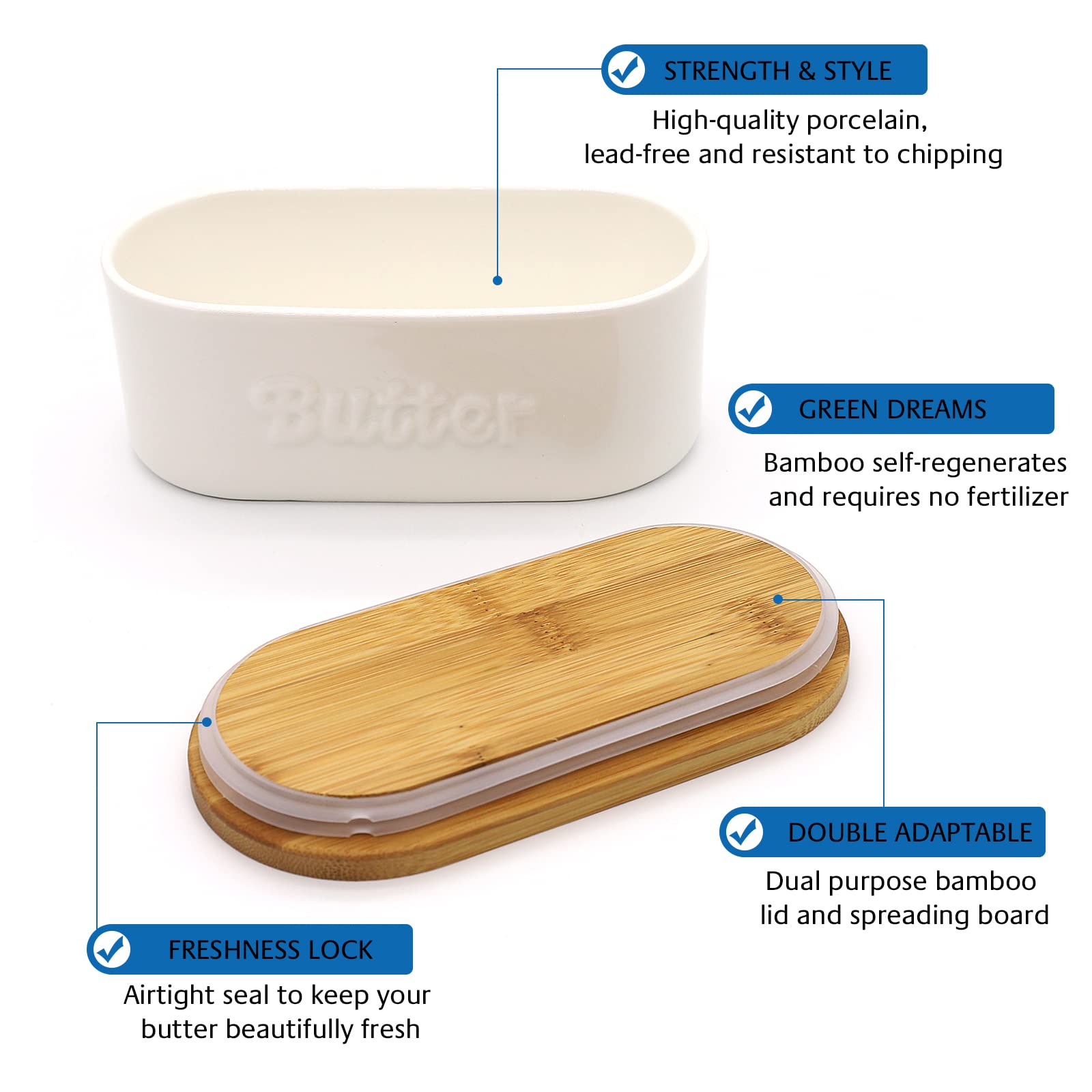 MBR FORCE Ceramic Butter Dish with Lid for Countertop Large White Farmhouse Butter Holder with Knife Butterdish Keeper Container Box