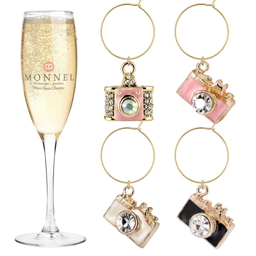 P410 Crystal Pink White Camera Wine Charms Glass Marker for Party with Velvet Bag- Set of 4