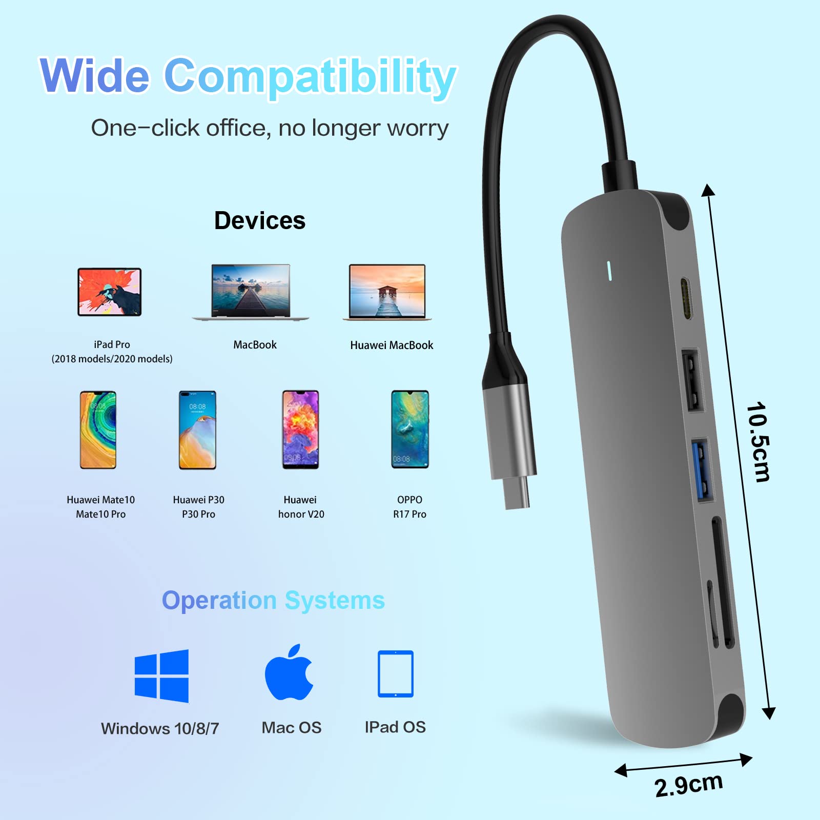 USB C HUB, Docking Station 6 in 1 with USB 3.0 Port, USB-C Port/PD, 4K HDMI and SD/TF Card Reader, USB C Adapter Compatible with MacBook Pro/Air Laptops and Other Type-C Devices