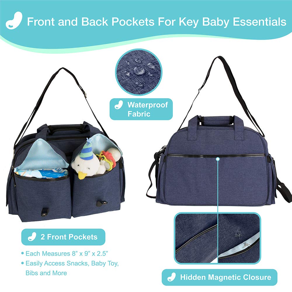 JOIE BEAN Tote Diaper Bag for Mom, Dad | Large Messenger Baby Bag with Shoulder Strap, Changing Mat, Insulated Pockets, Stroller Straps | Multi-Function Organizer Maternity Bag for Travel (Navy)