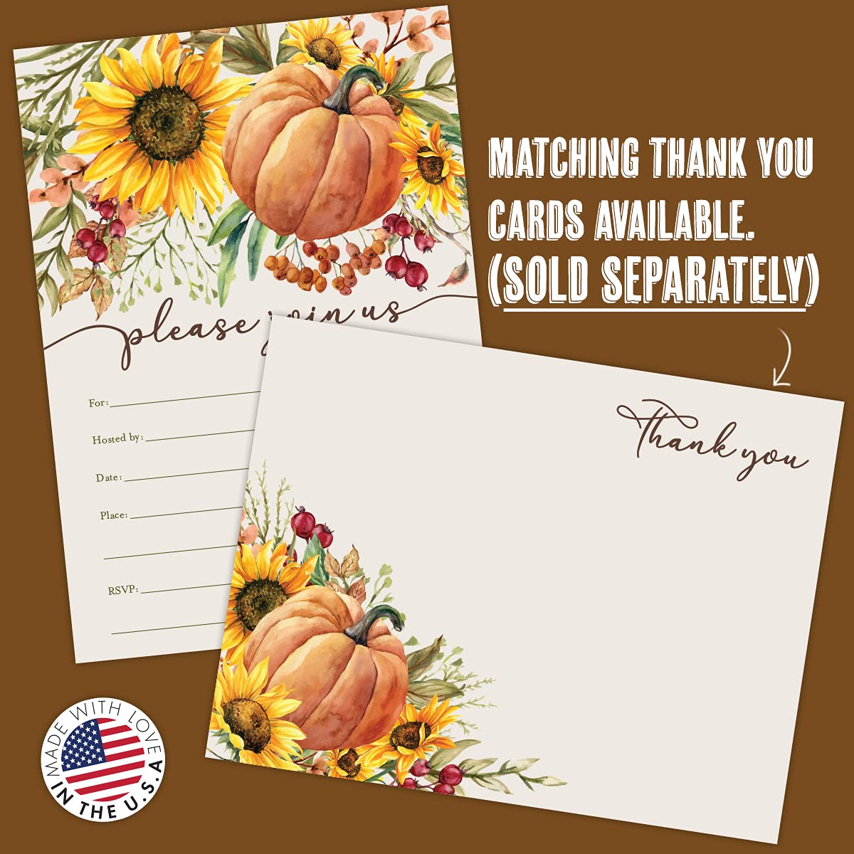 Koko Paper Co Fall Invitations with Pumpkin and Sunflowers | 25 Fill-in Invitations and 25 Bright White Envelopes | Printed on Heavy Card Stock.