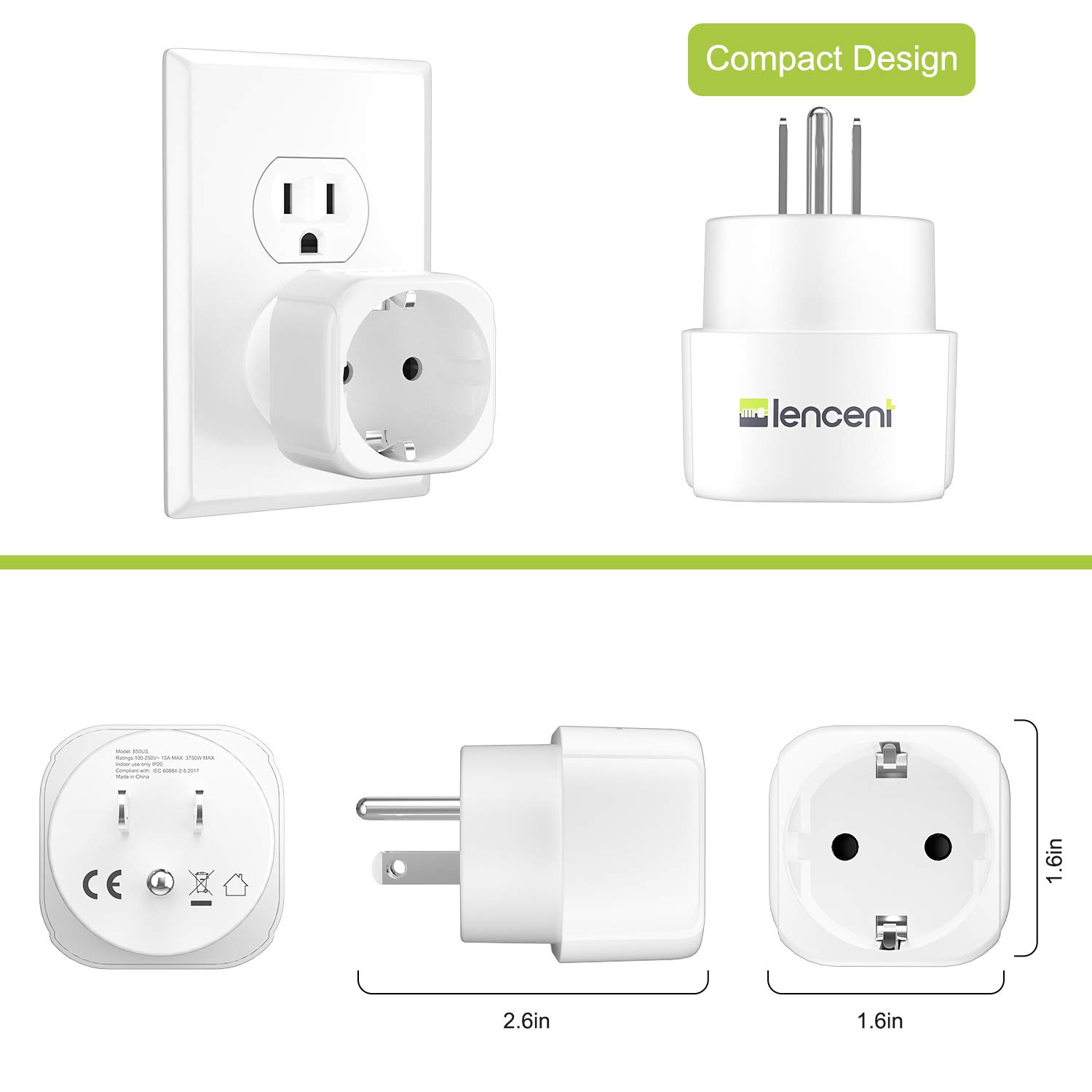 LENCENT 2 Pack Europe to US Plug Adapter,European to USA Adapter, American Outlet Plug Adapter, EU to US Adapter, Europe to USA Travel Plug Converter