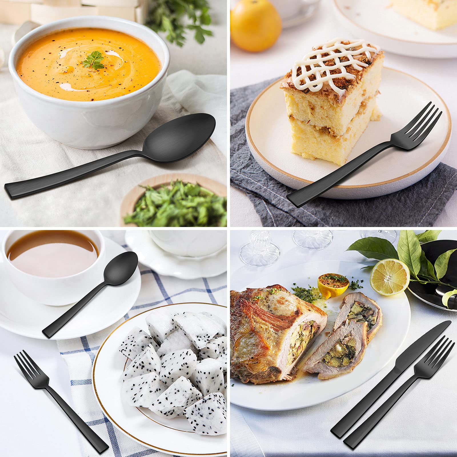 LIANYU 45-Piece Matte Black Silverware Set with Serving Utensils, Stainless Steel Flatware Cutlery Set for 8, Square Tableware Eating Utensils Set for Wedding Home, Satin Finish, Dishwasher Safe