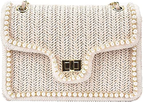 Purses and Handbags Solid Color Sturdy and Durable Lady's Straw Woven Bag Summer Hand-woven Straw Shoulder Bag (Color : White, Size : Small)