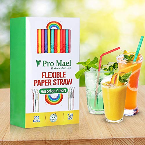 Pro Mael 200-Pack Paper Drinking Straws Biodegradable, Flexible Straws Bulk for Juices, Shakes, Smoothies - Disposable& Eco-Friendly Straw for Birthdays, Weddings & Party (5 Colors)