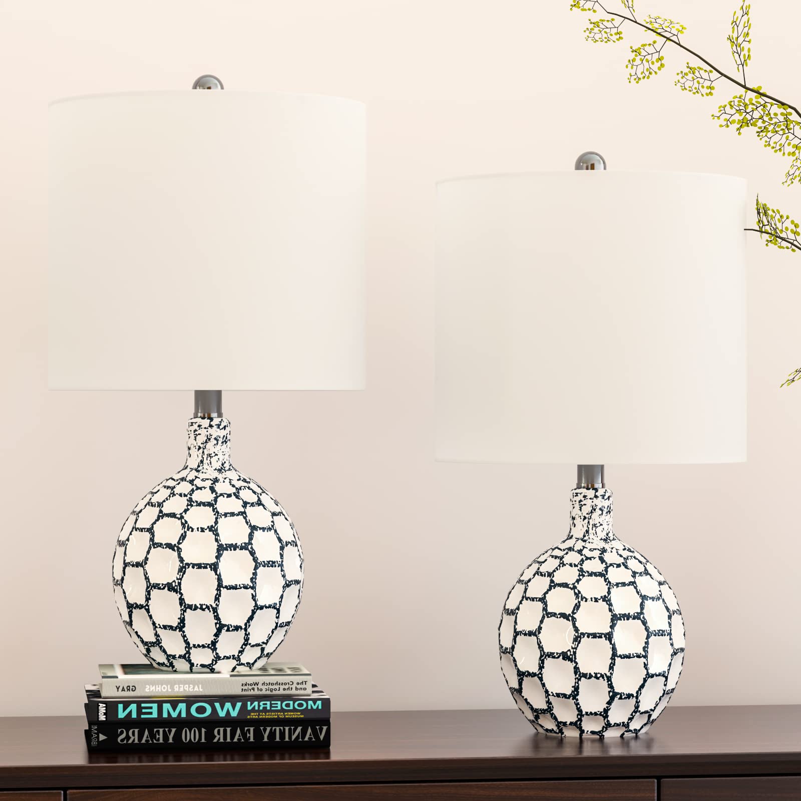 Maxax Table Lamp Set of 2, Ceramic Bedside Desk Lamp with White Fabric Shade for Living Room Family Bedroom