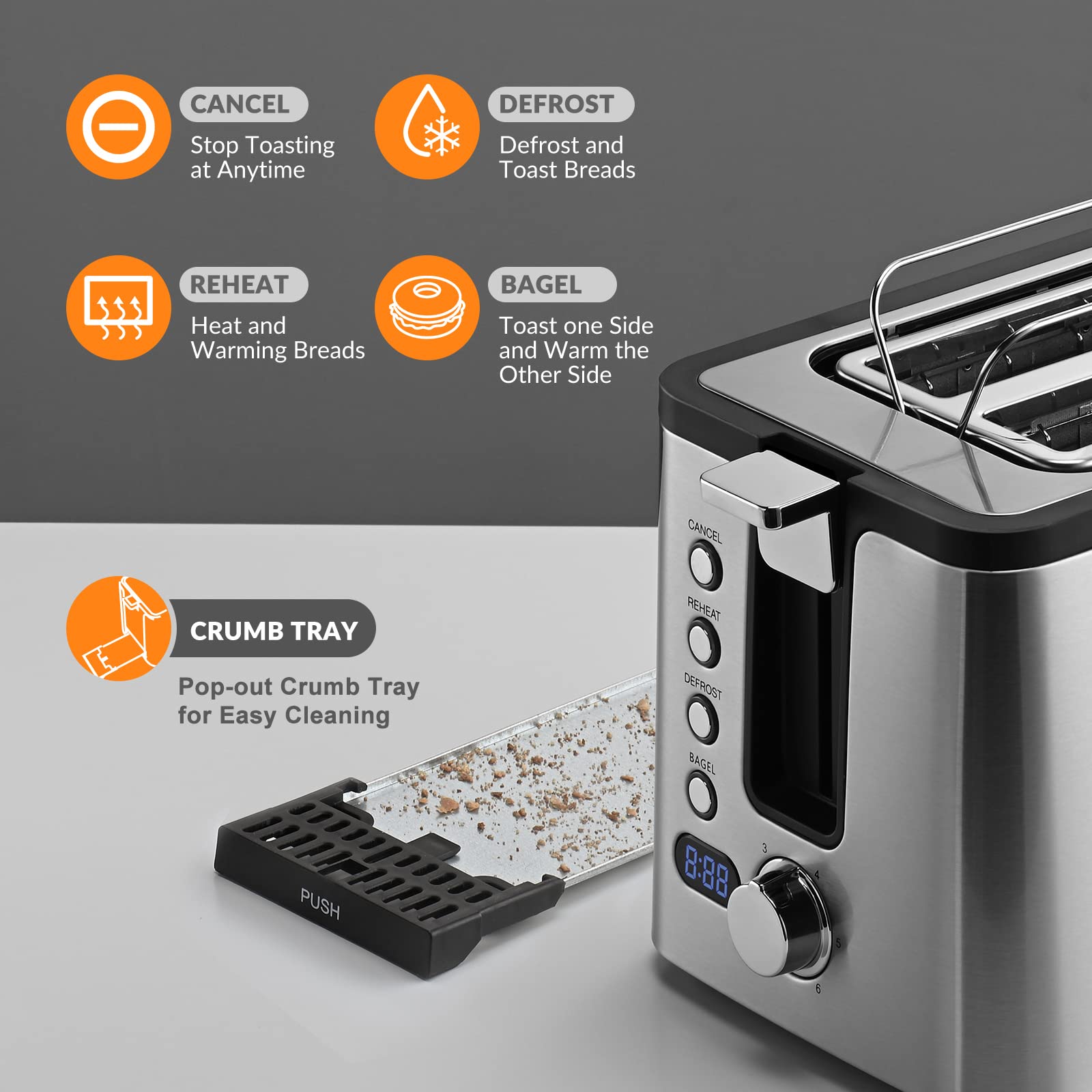 Mecity Toaster 2 Slice Stainless Steel Toaster Countdown Timer, Bagel/Defrost/Reheat/Cancel Functions,Warming Rack, Removable Tray, 6 Browning Settings, Extra Wide Slots, Bread Toaster, 800W