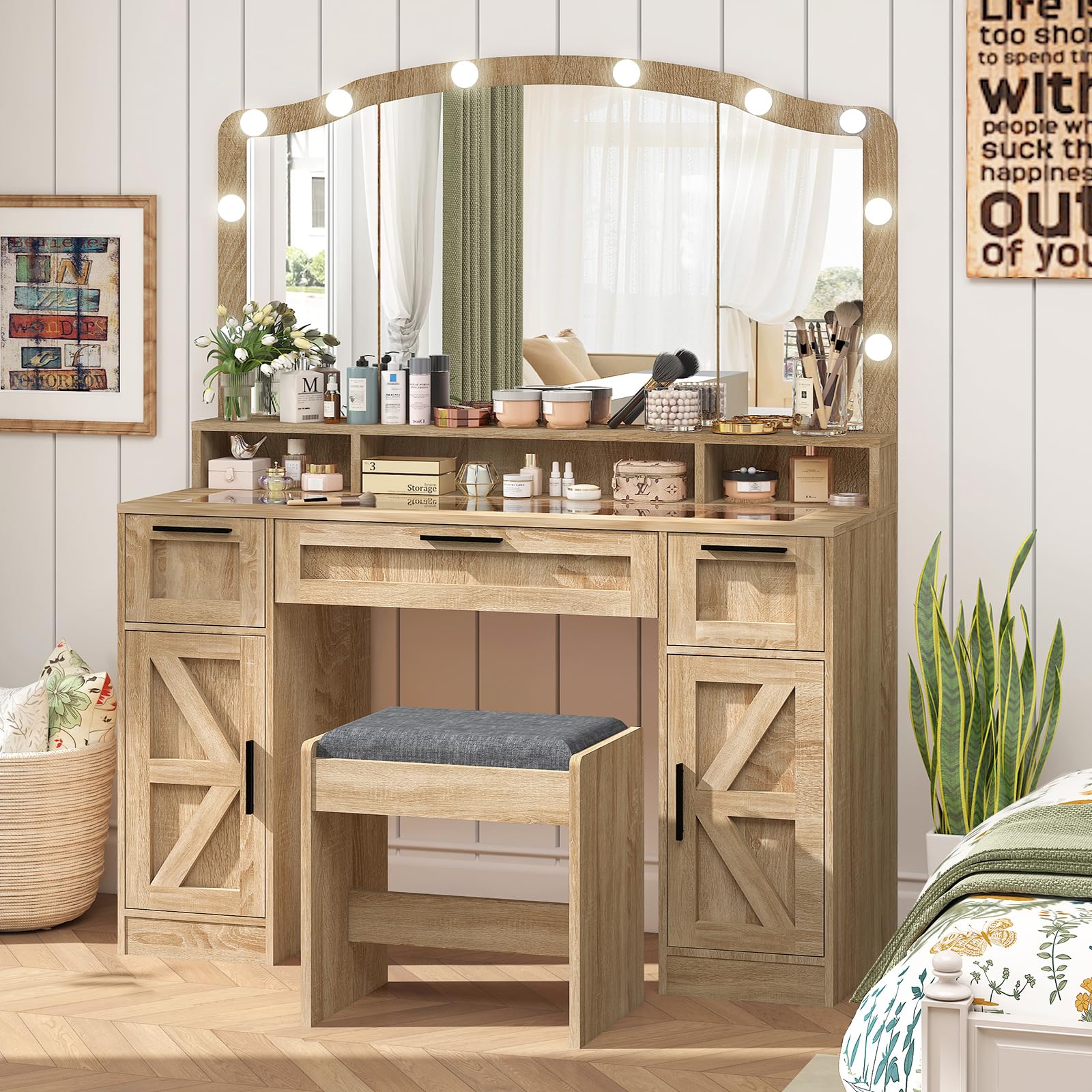 usikey Farmhouse Vanity Desk with Large Lighted Mirror and 10 Lights, 43.3" Glass Tabletop Makeup Vanity with 3 Drawers, Large Vanity Tabel Set with Long Storage Shelf, 2 Cabinets and Stool, Maple