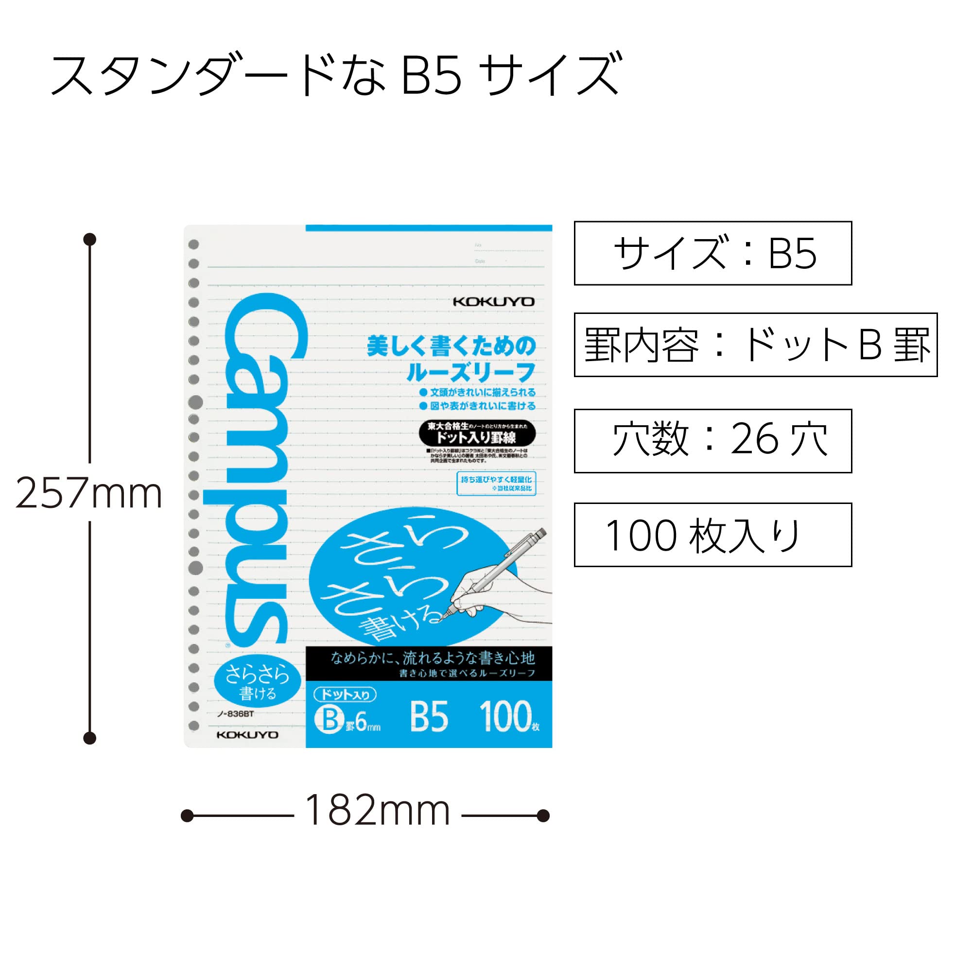 Kokuyo Campus Loose Leaf Paper for Binders, Sarasara Smooth Writing, B5, B 6mm Dotted Ruled, 26 Holes, 36 Lines, 100 Sheets, pH Neutral, Bleed Resistant, 75gsm, Pack of 3, Japan Import (NO-836BTN)