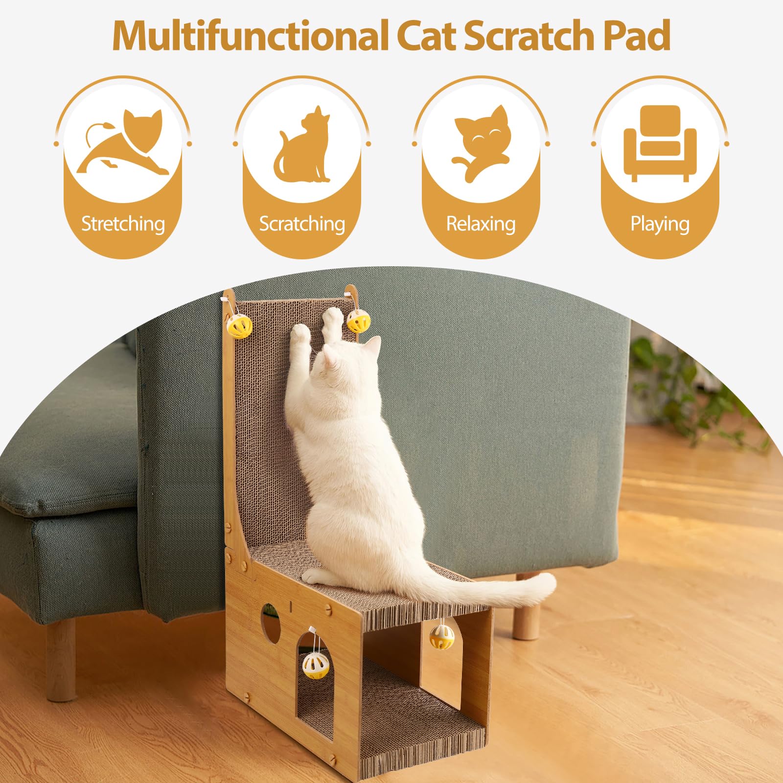 YEMOO Cat Scratcher, Cat Scratching Board, L Shaped Vertical Cat Scratcher for Wall and Couch Protection, Cat Scratching Board with 4 Cat Ball Toys for Indoor Cats