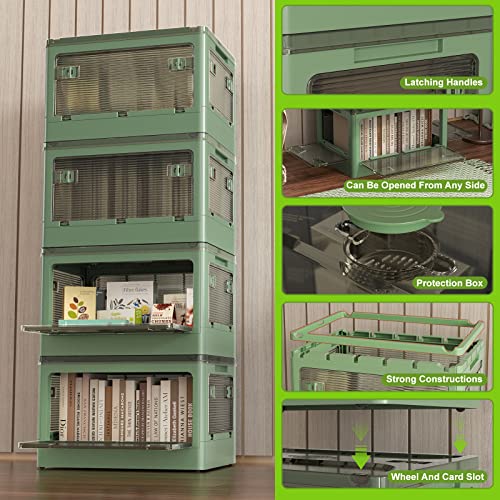 October Elf Stackable Storage Bins with Lids Plastic Foldable Box Collapsible Plastic Storage Bins With Wheels Five Ways Opening Closet Organizers for Home Storage (Green, 30 QT-2 Pack)