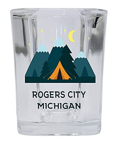 R and R Imports Rogers City Michigan 2 Ounce Square Base Liquor Shot Glass Tent Design