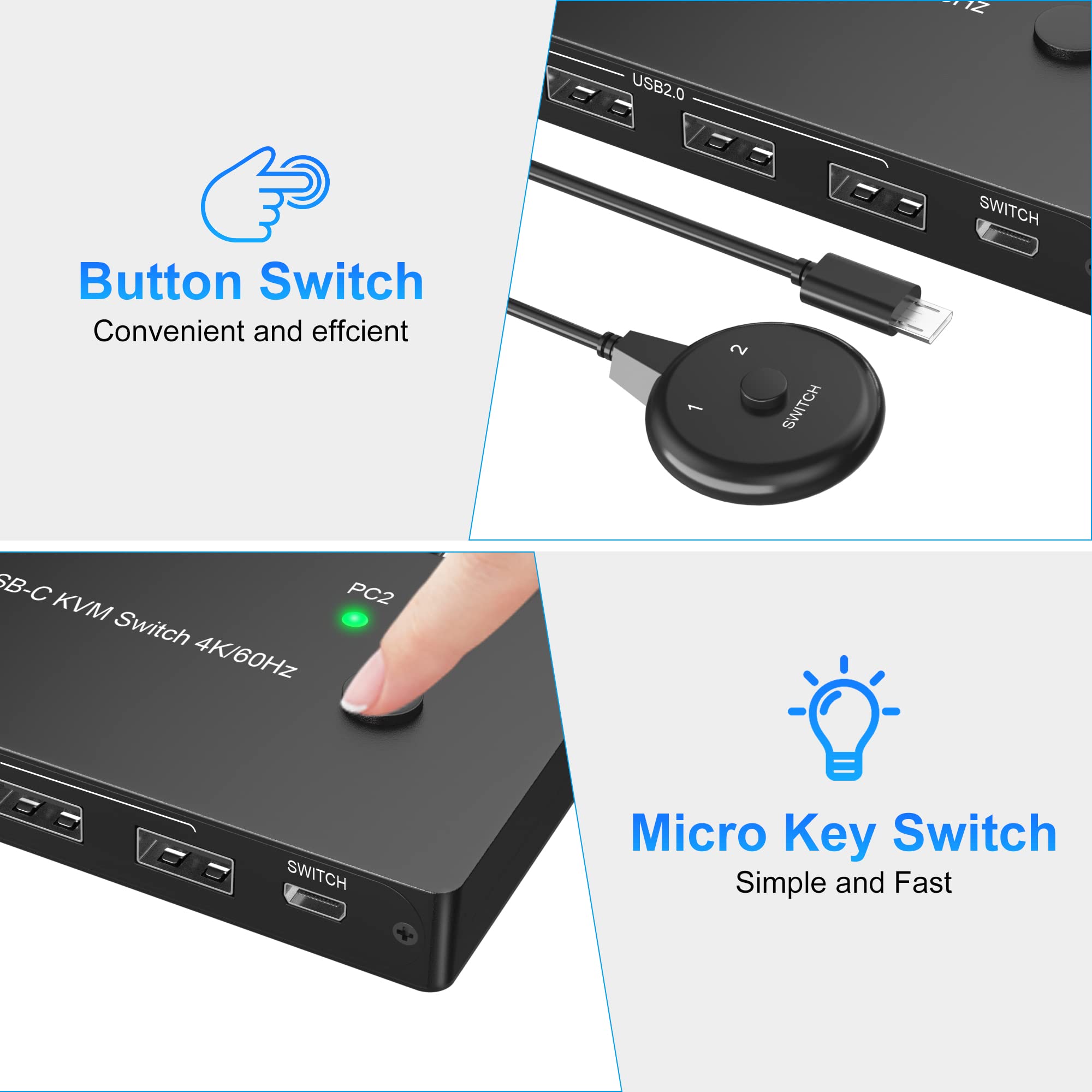 USB C KVM Switch 4K@60Hz, USB C Switcher for 2 Computers Share 1 HDMI HD Monitor and 4 USB Devices, with 100W Power Delivery, USB-C Switch with USB-C Cable, HDMI 2.0 Cable