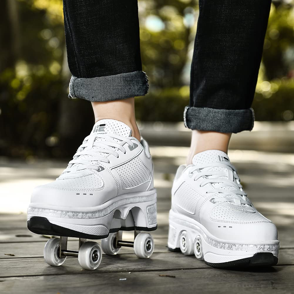 KOFUBOKE 2-in-1 Roller Skates & Sneakers Unisex Retractable Wheels Outdoor Fun & Fitness Kick Roller Shoes (White without Light, 6.5)
