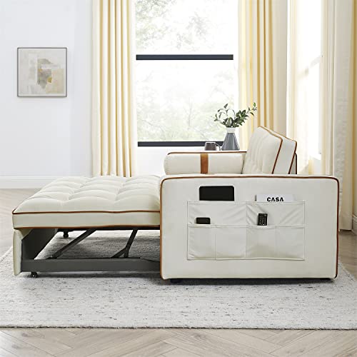 YWUFUART Modern 55.5 '' Pull-Out Sofa Bed, Double Sofa Side Pockets, Velvet Sofa Couch, Adjustable Backrest and Waist Pillow for Apartment Office Living Room(Beige)