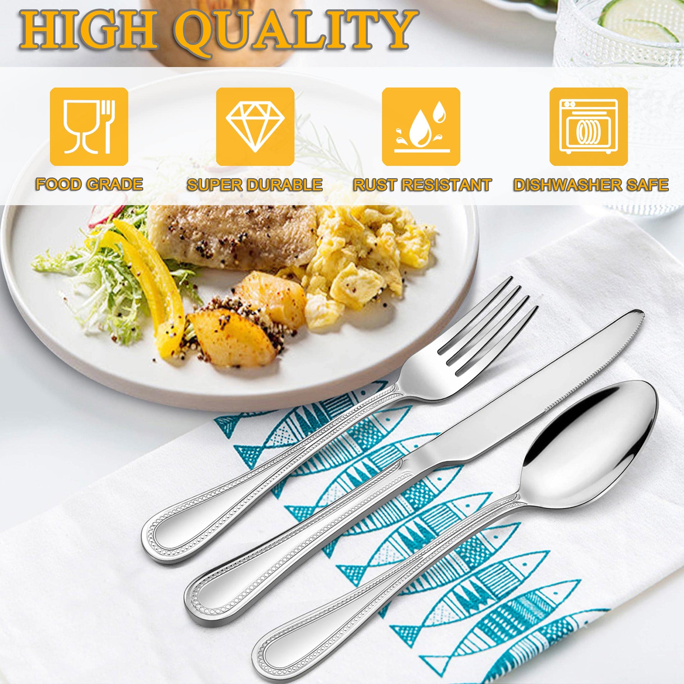 LIANYU Silverware Flatware Set for 8, 40-Piece Stainless Steel Eating Utensils with Pearled Edge, Cutlery Tableware for Home Kitchen Restaurant Party, Mirror Finished, Dishwasher Safe