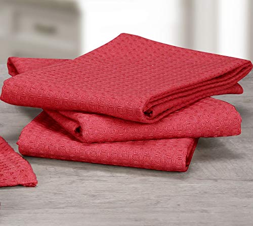 Native Fab Waffle 12 Pack 100% Cotton Kitchen Dish Towels 16x26 Absorbent Durable Washable, Tea Towels, Dish Cloths, Bar Towels, Cleaning Towels, Kitchen Towels with Hanging Loop, Red
