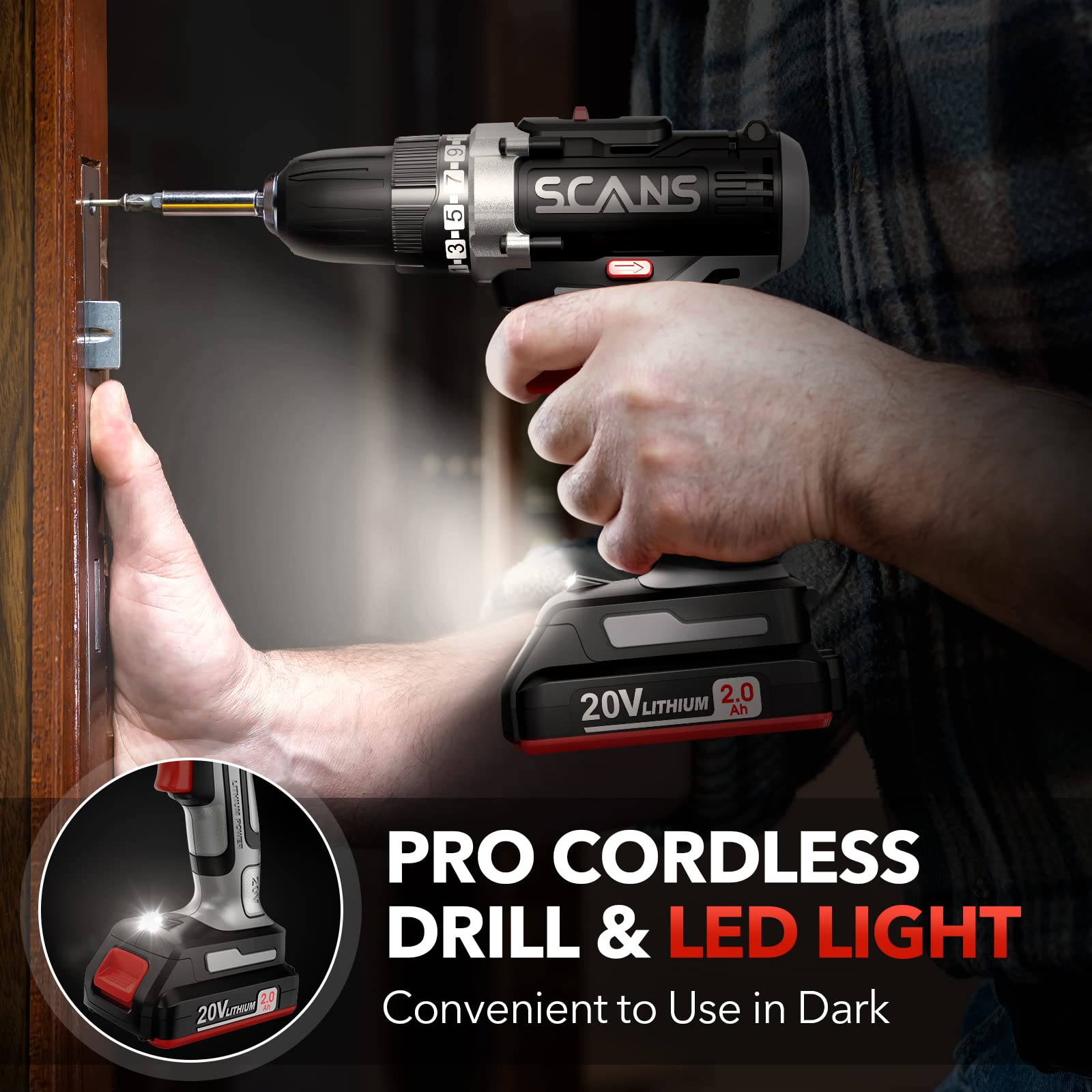 SCANS Cordless Drill Driver, 20V Electric Power Drill Kit, 354 In-lb Torque, Variable Speed, 3/8" Keyless Chuck, 16+1 Position Power Tools Kit & 28pcs Drill/Driver Bits for Home, Wood, Brick, SC1180-1