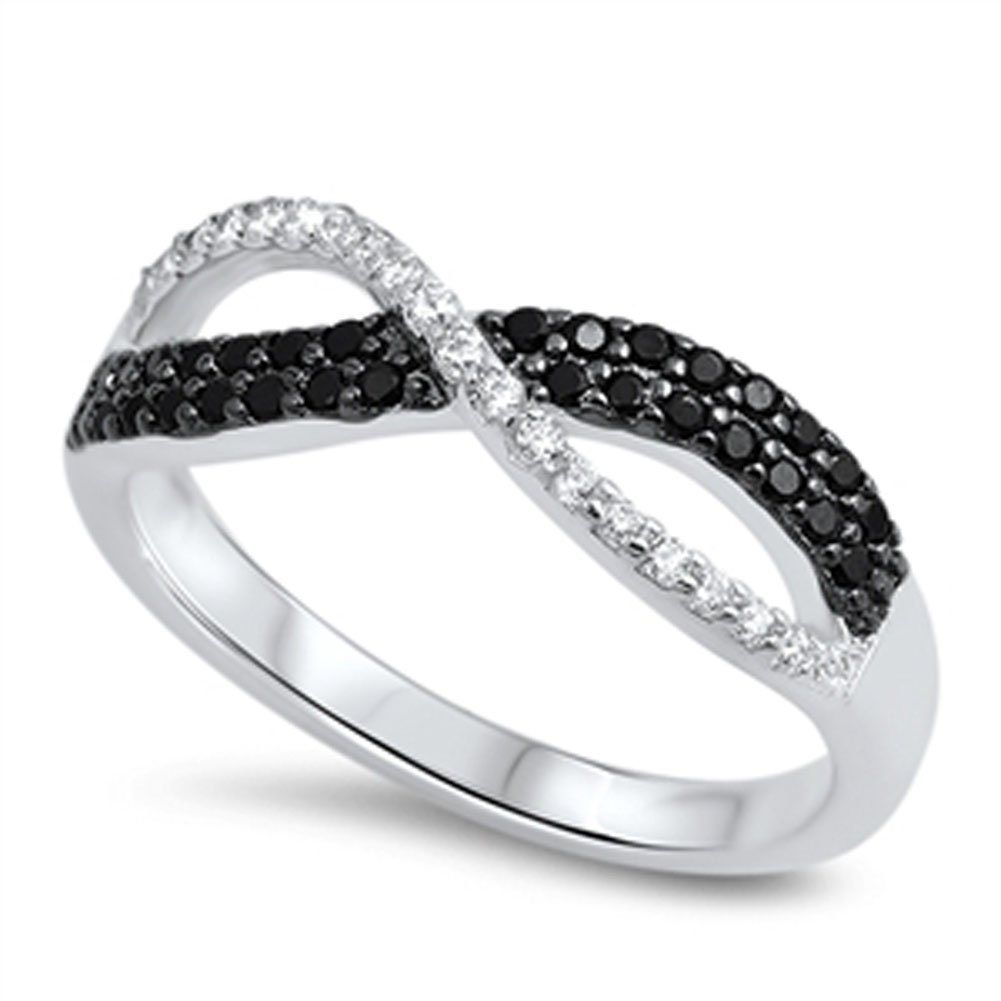 Infinity White Black Simulated CZ Forever Love Ring .925 Sterling Silver Band Size 9