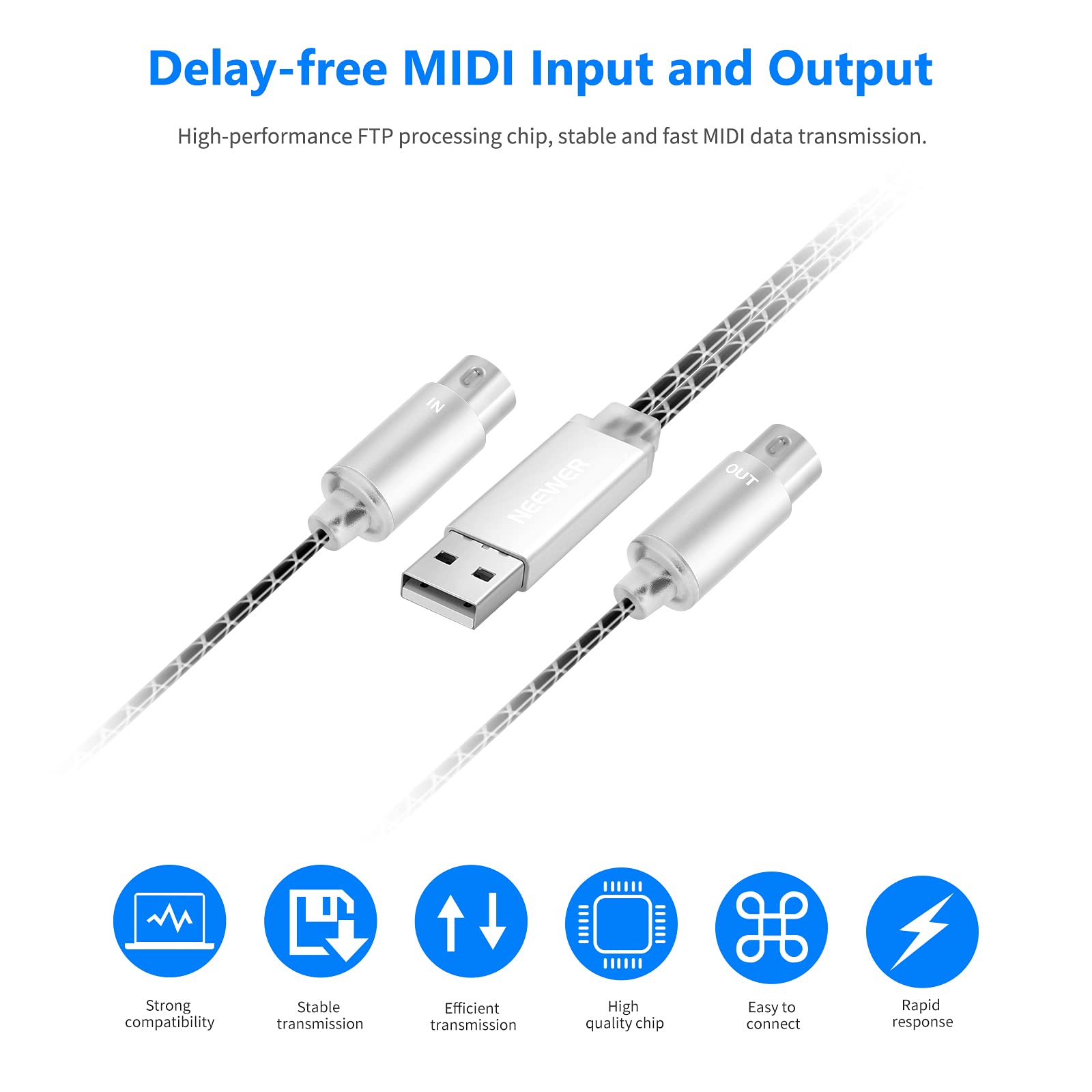 Neewer MIDI Cable, 5-Pin MIDI to USB Cable, MIDI Interface in-Out to USB Converter MIDI Adapter with Indicator for Piano Keyboard to PC Mac Laptop
