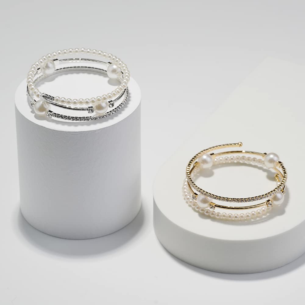 MyBuddy 2PCS Faux Pearl Wrap Bangle Bracelets,Pearl Stretch Beaded Layered Bracelets Blessing Bangle Jewelry for Women Girls Gift(Gold and Silver)