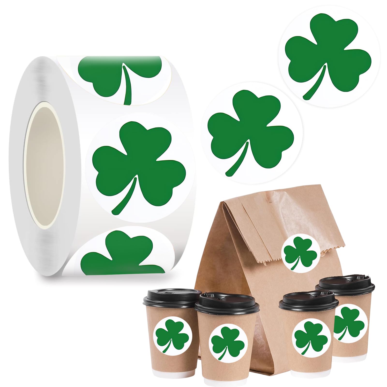 SOIDHSID Green 1.5 Inch Shamrock Stickers, 500pcs Waterproof Paper Decorations for St.Patrick's Day, Gift Box, Envelope, Card, Party