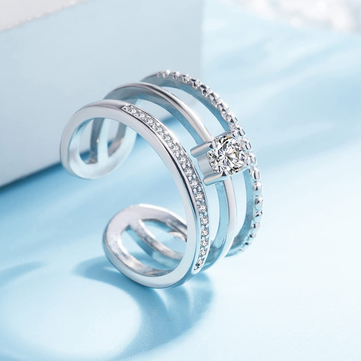 MYLYAHY S925 Sterling Silver 3 Row Lines Wide Bands Ring for Women,Adjustable Forefinger Thumb Finger Midi Knuckle Ring (Ring_B, Adjustable)