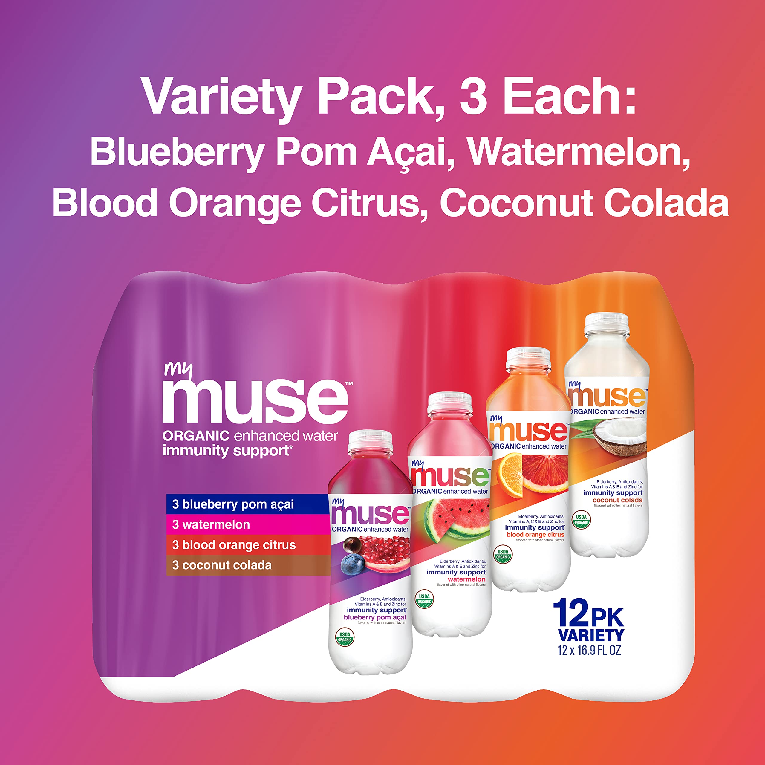 MyMuse Organic Immunity Supporting Enhanced Water, 4 Flavor Variety (12 Pack), 16.9oz, Zero Sugar Added, With Zinc, Vitamin A & E, Elderberry, Low Calories, Healthy, Low Carb, Keto Friendly