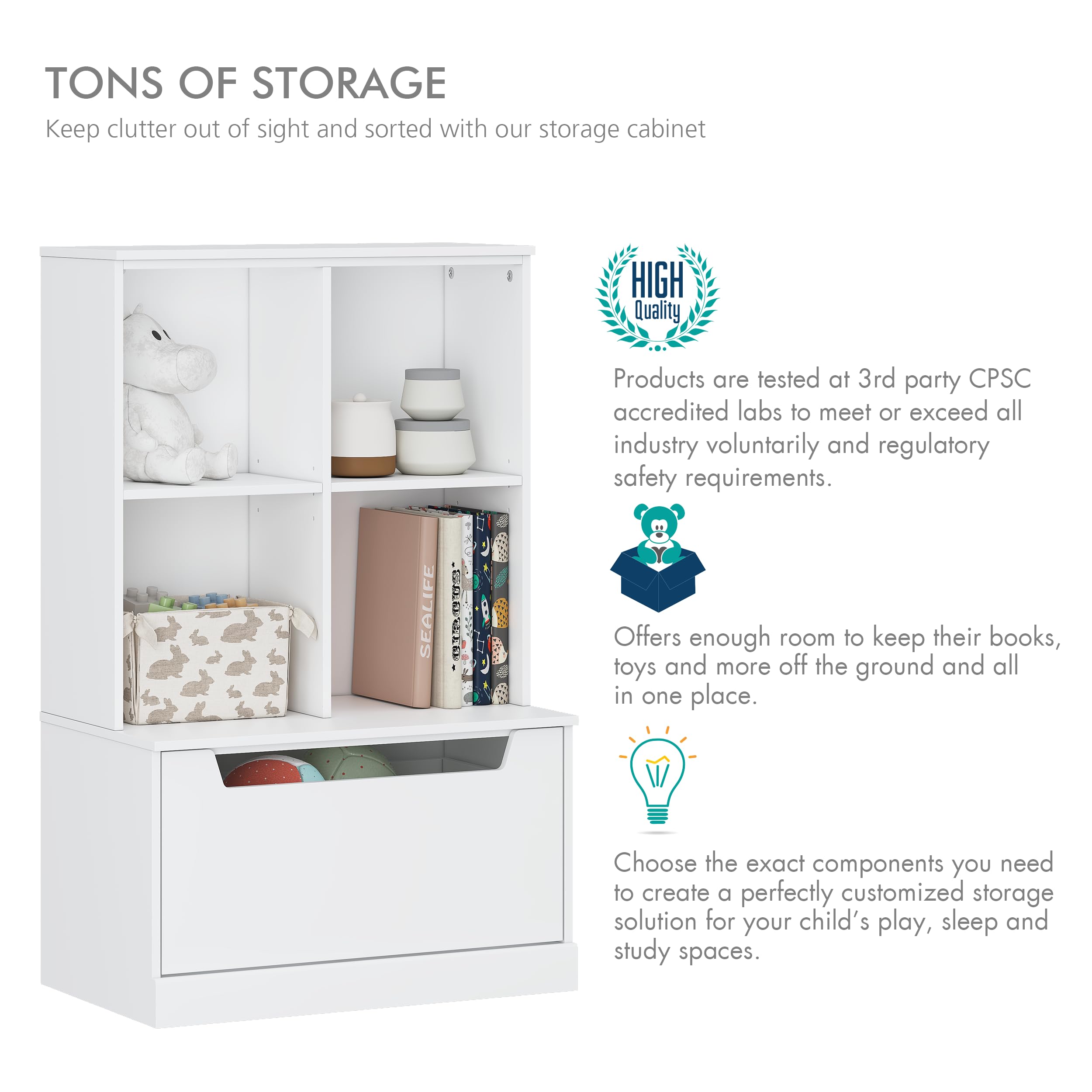 UTEX Kids Bookshelf and Toy Storage Organizer, Toddlers Bookcase with Cubbies, Adjustable Wood Shelf with Drawer for Bedroom, Playroom, Nursery, White