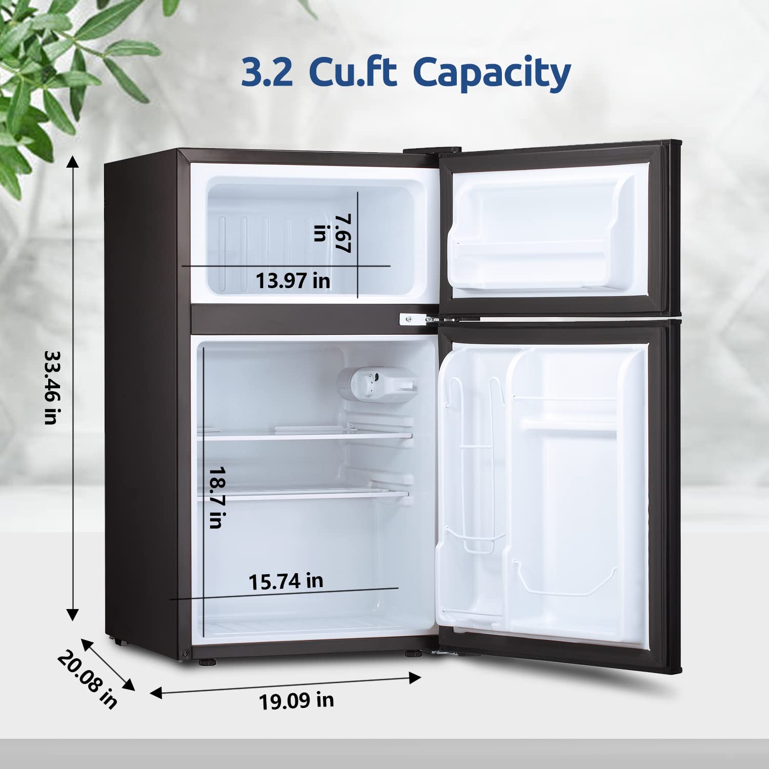 R.W.FLAME Mini Fridge 3.2 Cu.Ft Refrigerator with Freezer, Double Door, Energy Saving for Bedroom, Office, Home, (Black)
