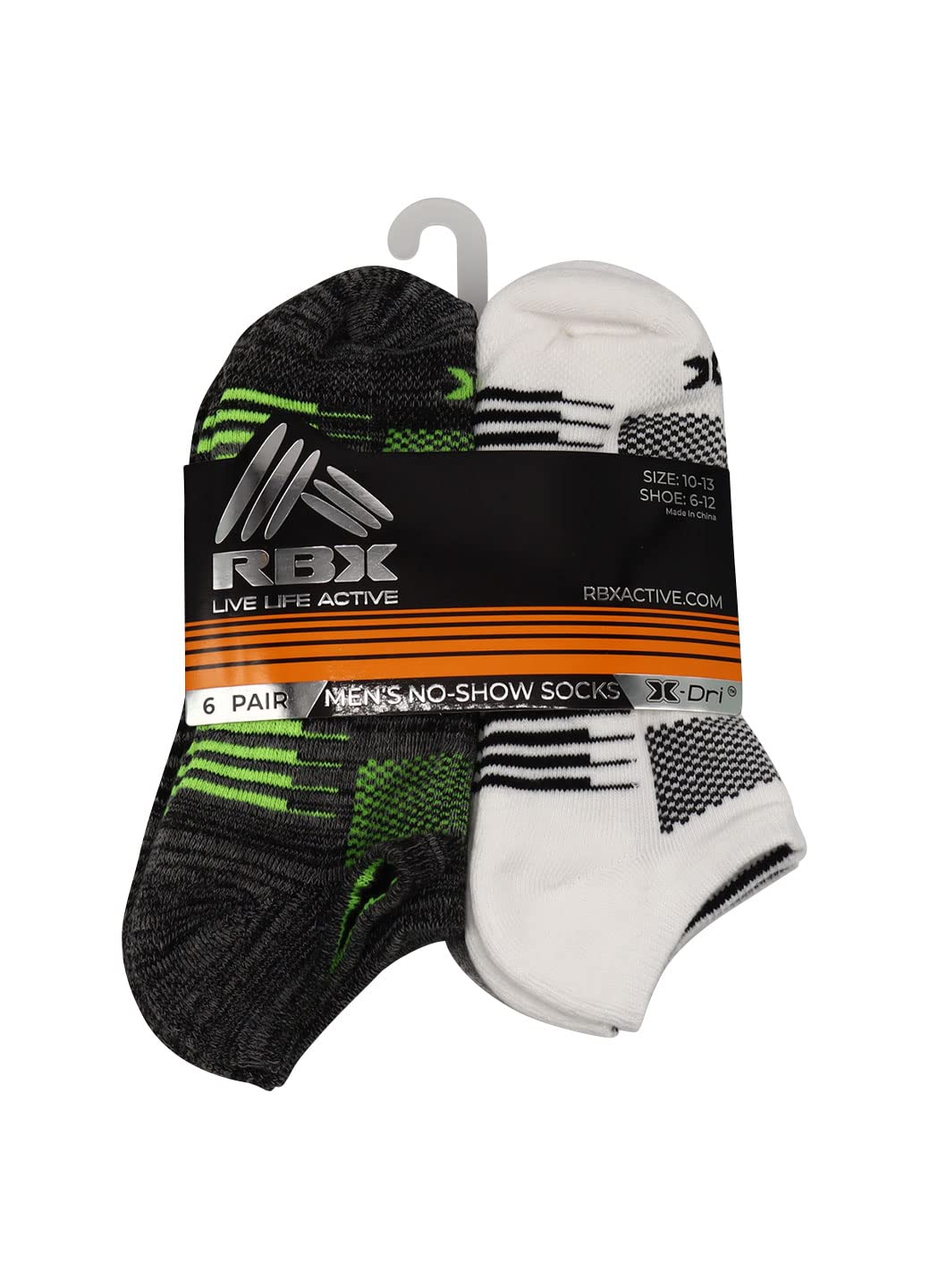 RBX Active Men's X-Dri Performance Low Cut No Show Ankle Socks 6-Pack Multi Combo