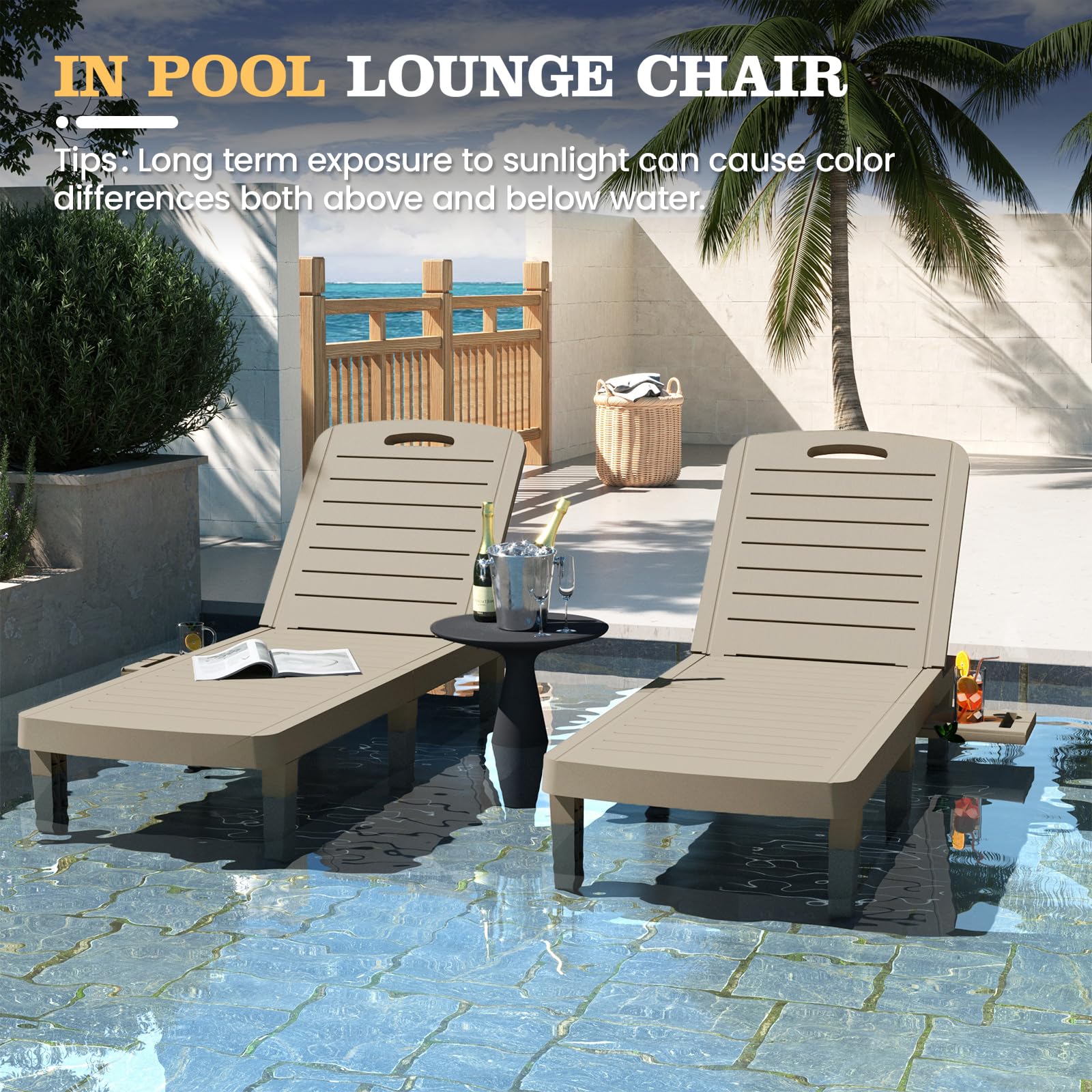VONZOY Oversized Outdoor Chaise Lounge Chairs Set of 2,Patio Lounge Chair with Adjustable Backrest, Pool Chaise Lounge with Cup Holder, Resin Chair for Poolside, Beach, Garden and Yard - Grey