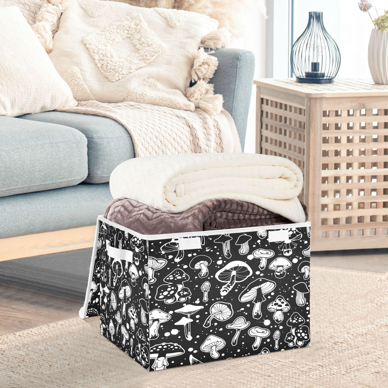 YETTASBIN Mushrooms Storage Basket with Lid and Handles, Large Collapsible Fabric Storage Bins Sturdy Storage Organizer for Shelves, Closet, Bedroom, School, Office, Home Decor