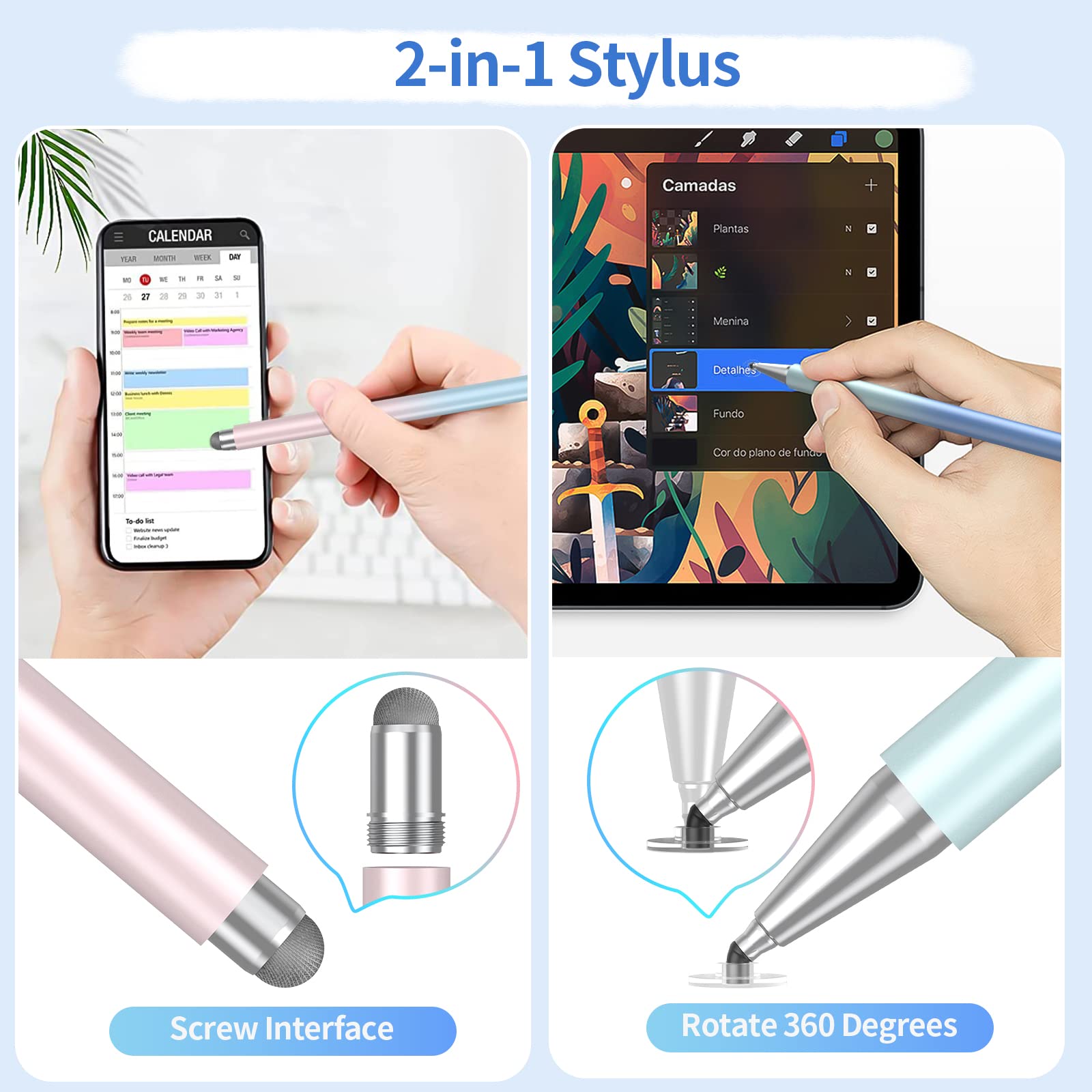 Stylus Pens for Touch Screens(2 Pcs), High Sensitivity 2-in-1 Magnetic Disc Stylus Pen for iPad Compatible with All Capacitive Touch Screens (Blue Pink/Light Green Blue)