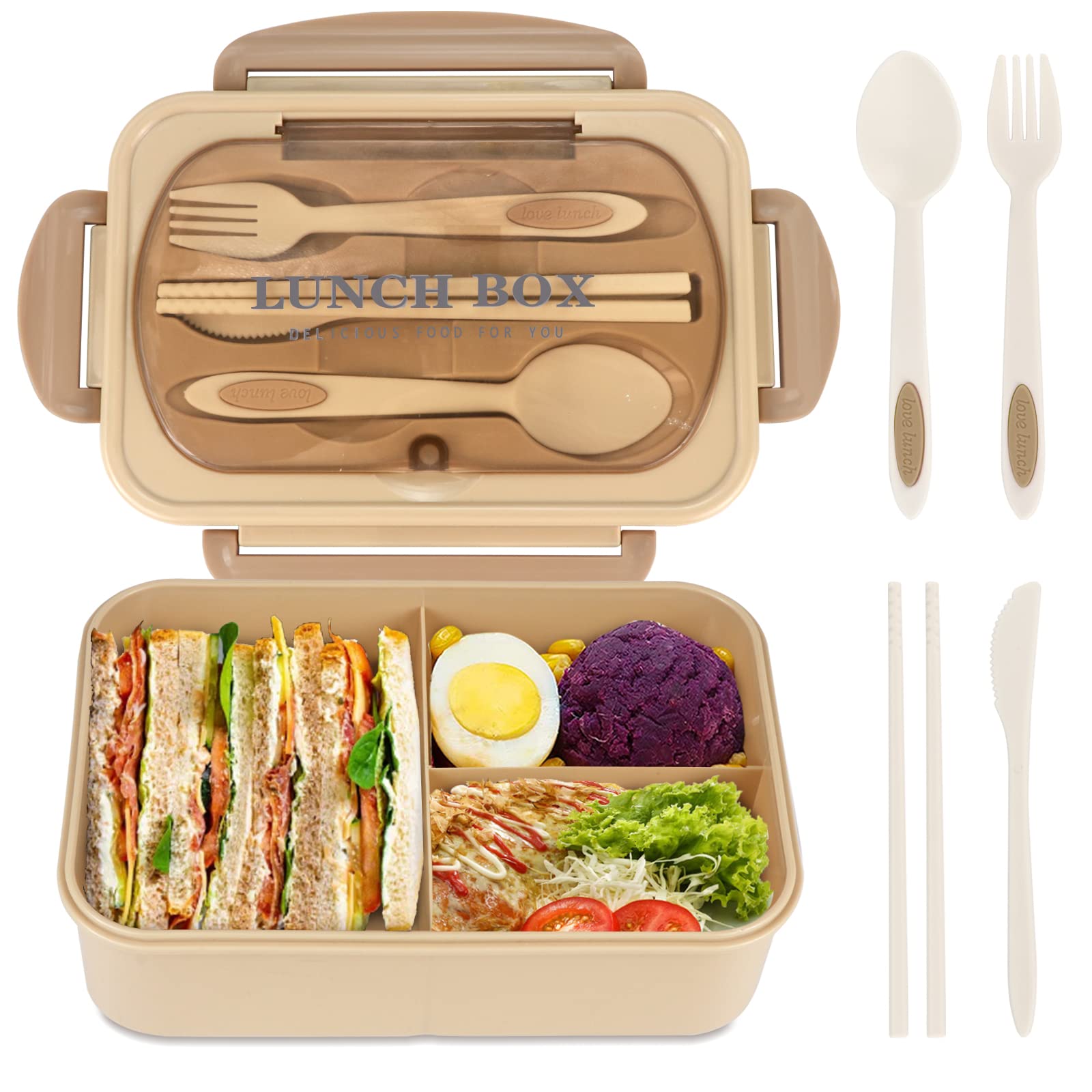 NatraProw Bento Box for Adult, 1200 ML Lunch Containers, LeakProof Lunch Box with Utensils, BPA Free, 3 Compartment Bento Box Microwave Safe, Khaki