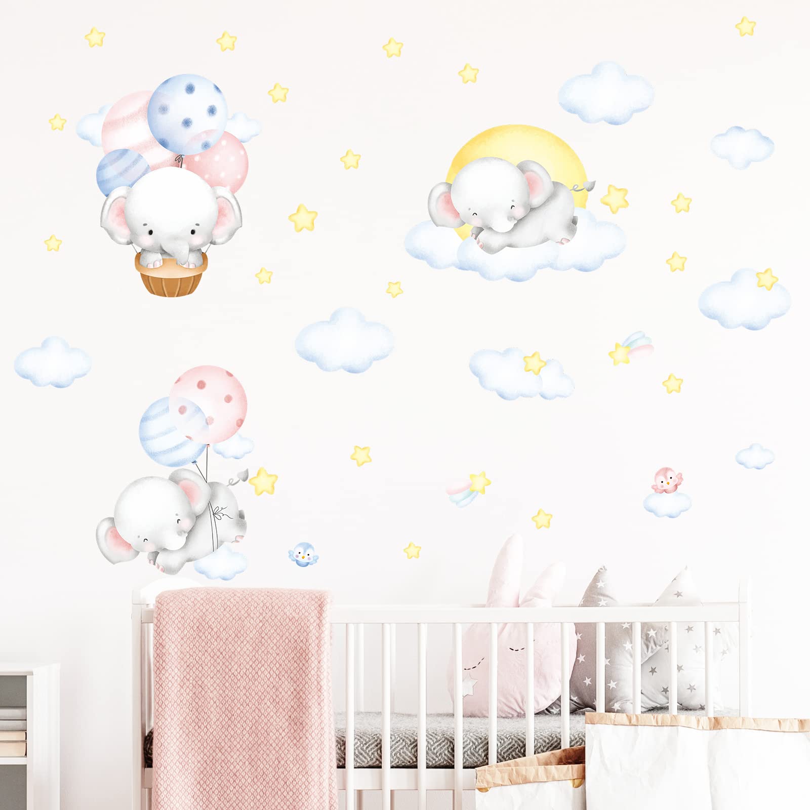 Tedy Bear Sleeping Wall Stickers Baby Decor for Nursery Balloon Cloud Star Wall Decals for Baby Bedroom Decoration