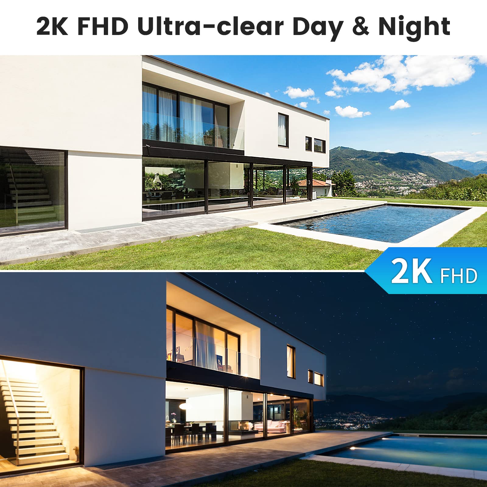 Solar Security Camera Outdoor, 2K Color Night Vision, 2.4Ghz WiFi 360° PTZ Camera, Battery Powered Camera for Home Security, PIR Human Detect with Spotlight, 2-Way Talk, IP66, SD/Cloud