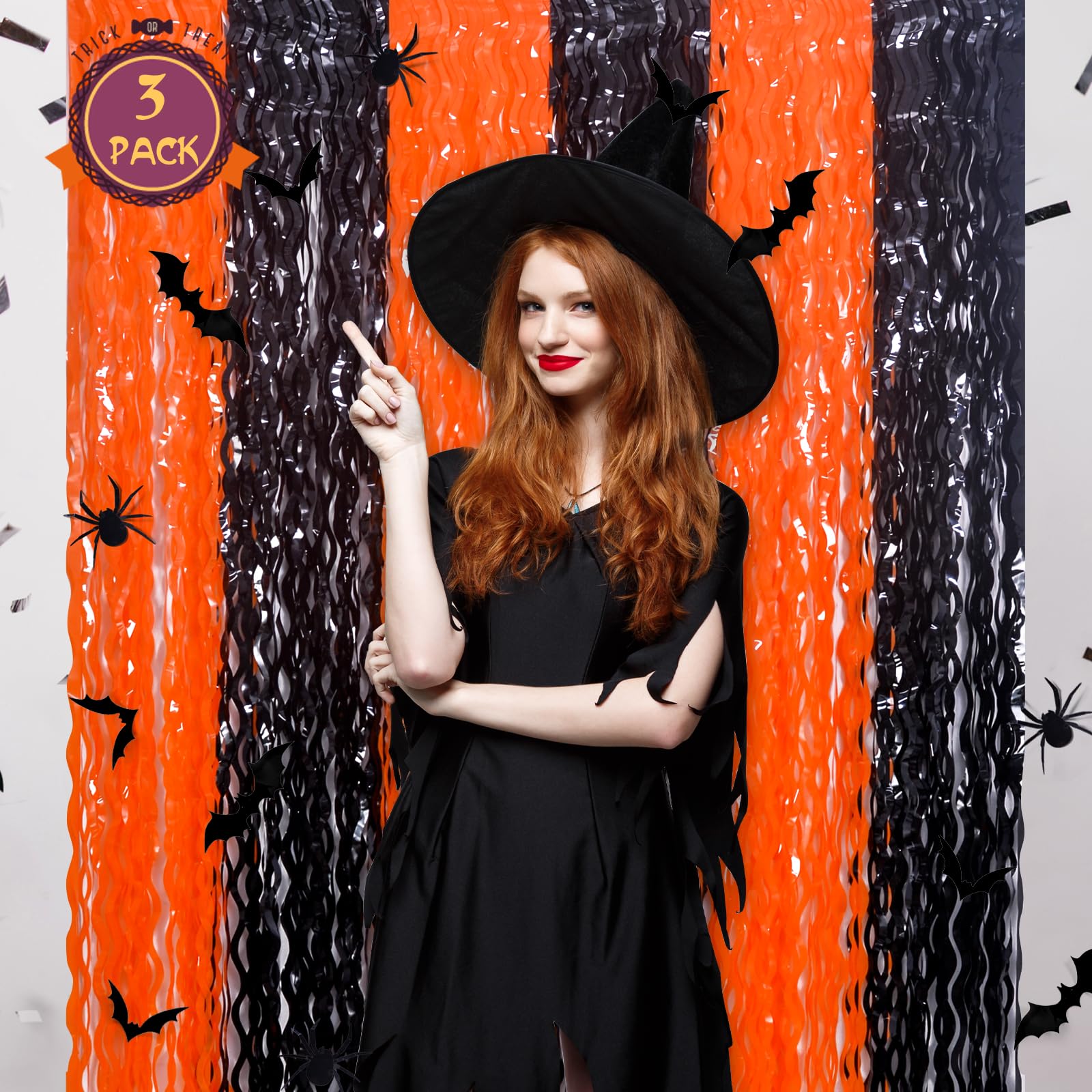 Mega-L Halloween Foil Fringe Curtains, 3 Pack Orange Black Photo Booth Props, 18 Pcs PVC Bat and Spider Stickers Decals Wall Decor Halloween Photo Backdrop for Halloween Party Decoration