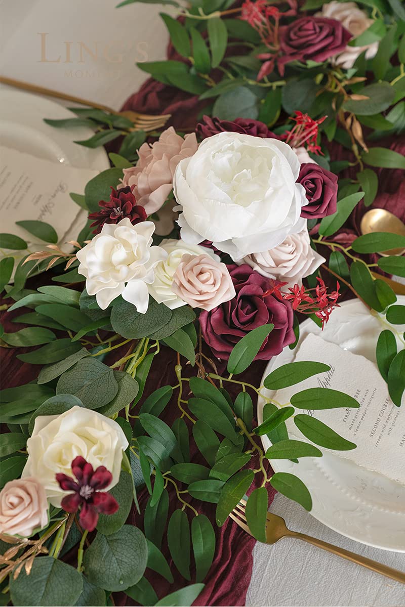 Ling's Moment Eucalyptus Garland with Flowers 6FT,Table Runner with Flowers Marsala Mantle Decor Handcrafted Wedding Centerpieces for Rehearsal Dinner Bridal Shower | Marsala