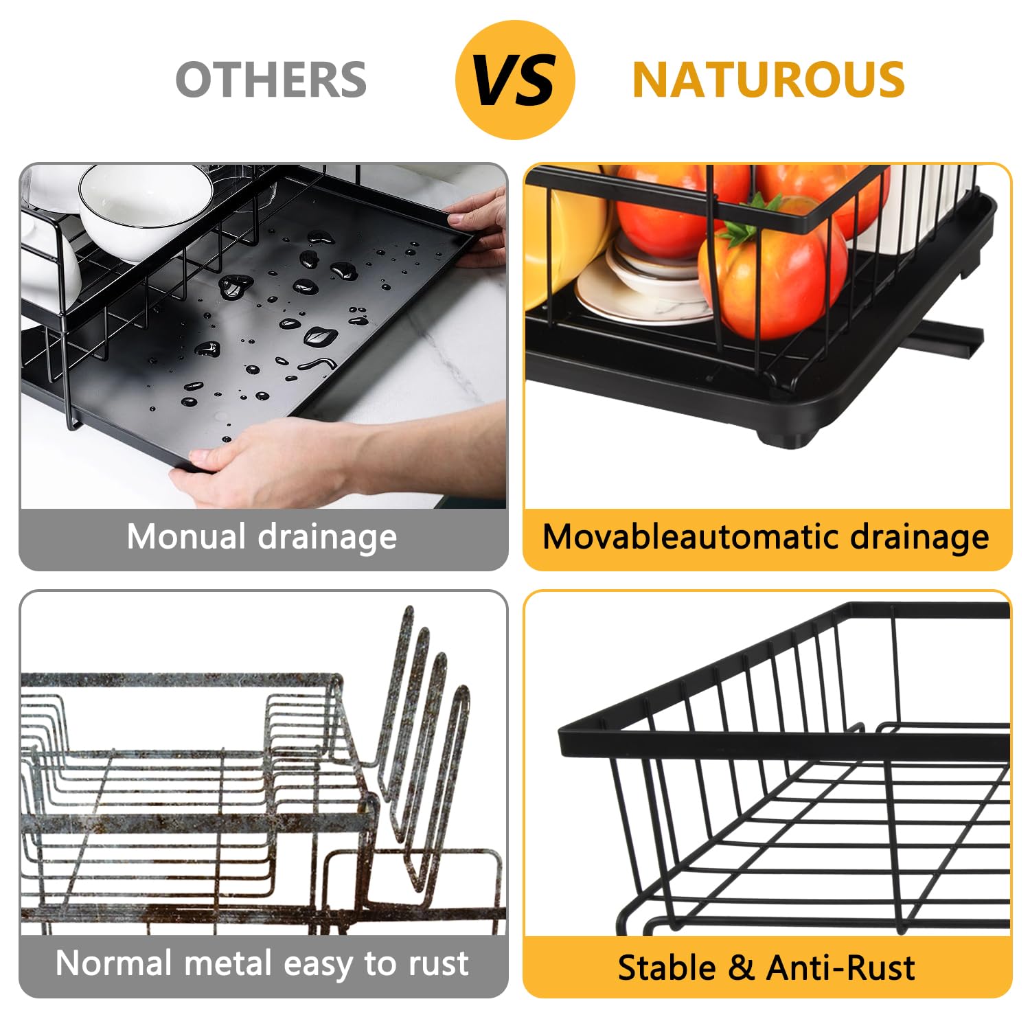 Naturous Dish Drying Rack, Durable Stainless Steel Dish Racks for Kitchen Counter, Space-Saving Compact Dish Rack with Drainborad and Swivel Spout
