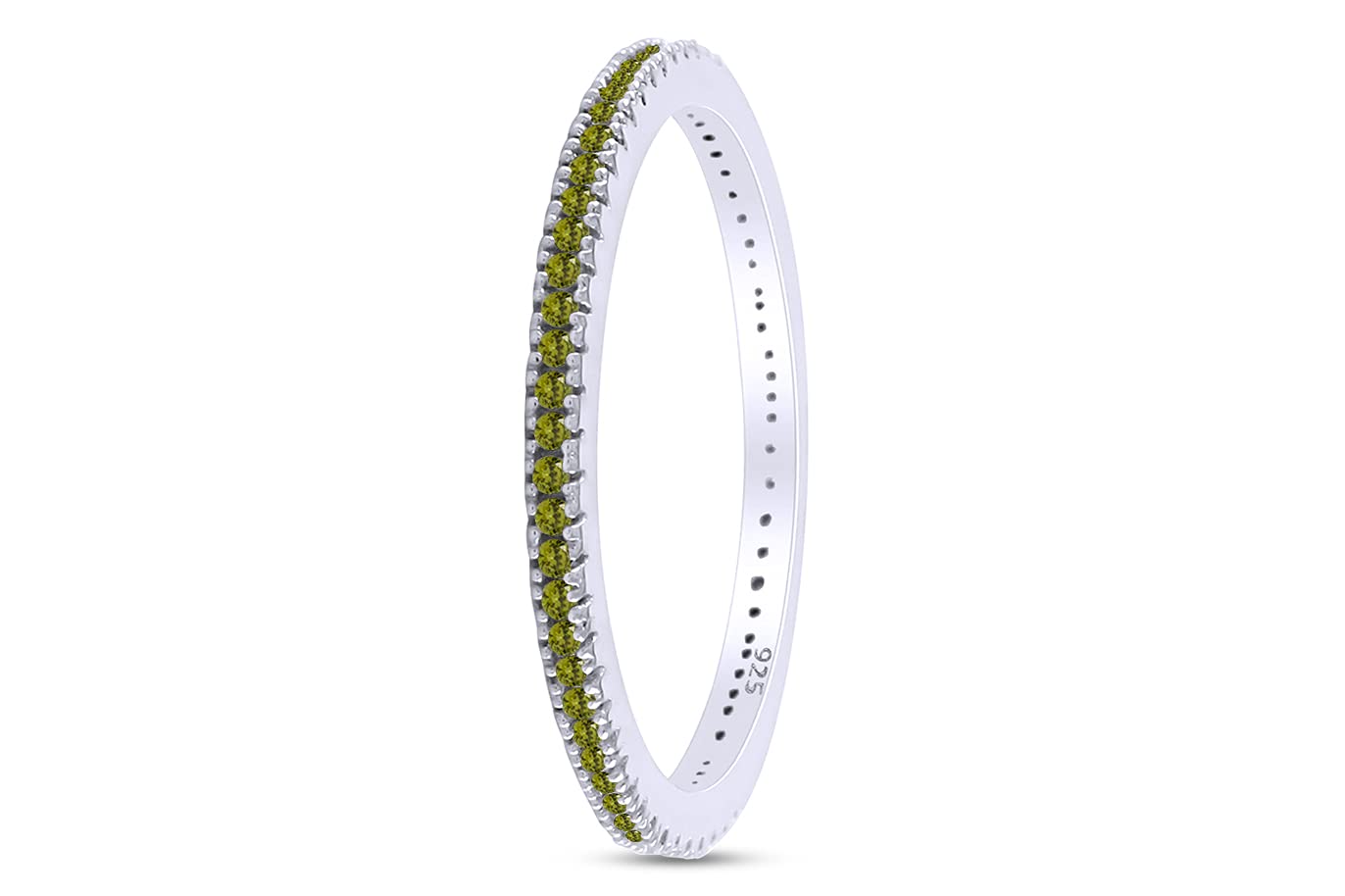 Jewel Zone US Simulated Green Peridot Eternity Stackable Wedding Ring in 14k White Gold Over Sterling Silver (1/5 Ct)