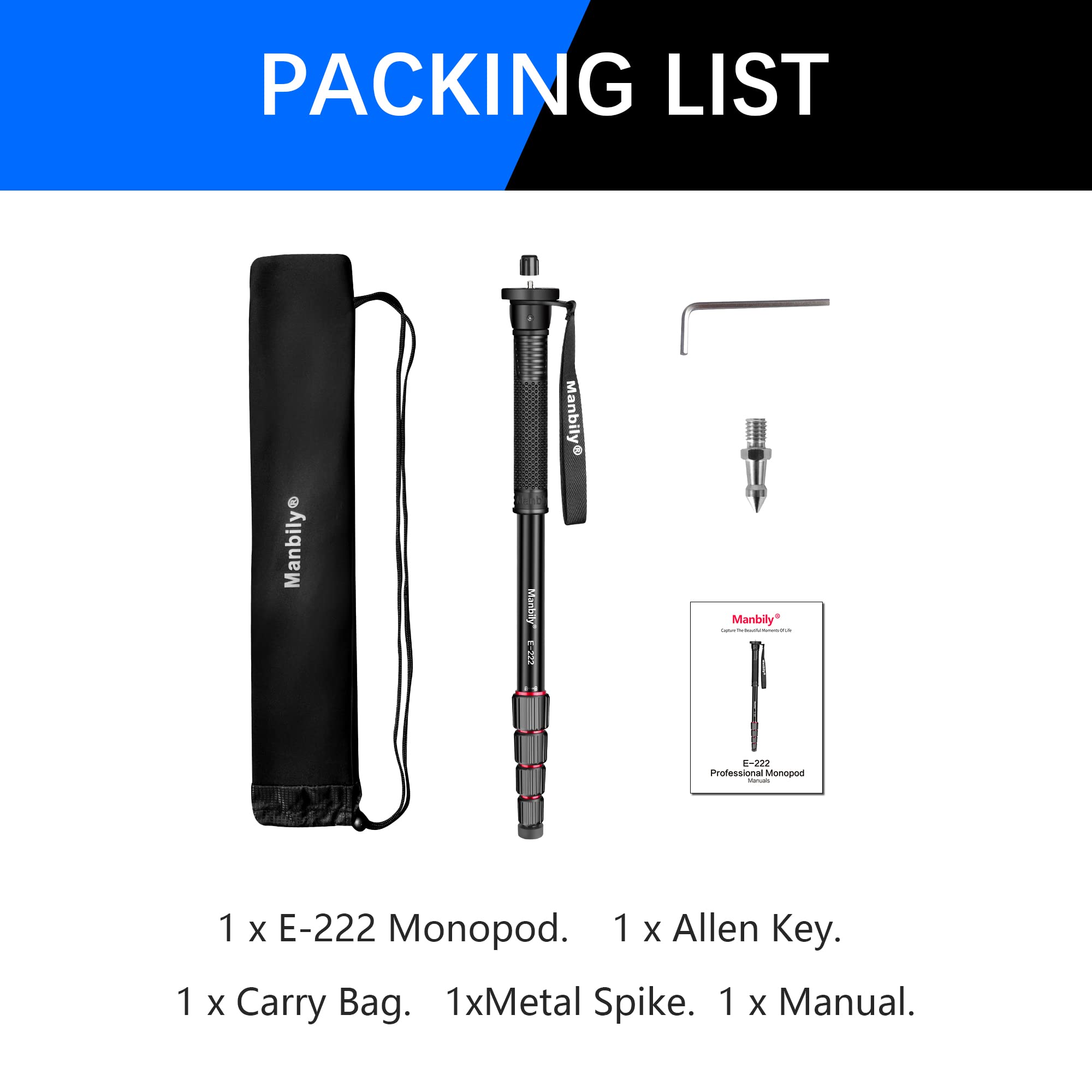 Manbily 65-Inch Camera Monopod, 5 Sections Aluminum Travel Monopod for Canon Nikon Sony DSLR Cameras Video Camcorder, Compact Portable Monopod Lightweight Walking Trekking Stick(E-222)