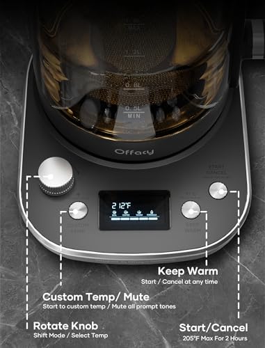 Offacy Electric Tea Kettle, 1.6L 1200W Fast Heating 9 Smart Presets with Removable Infuser Temperature Control 2H Keep Warm, BPA-Free Glass Teapot for Coffee, Boil-dry Protect, Easy to Clean, Black