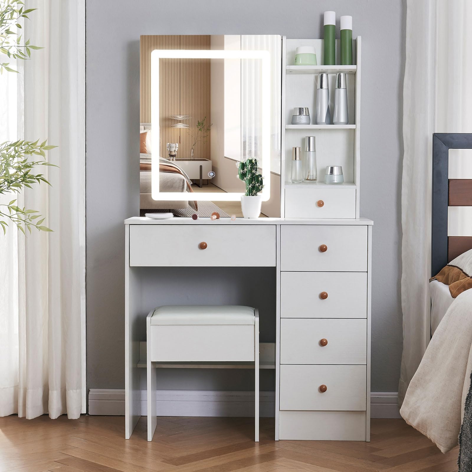 Jarbalai Makeup Vanity Table with Lights and Mirror, Vanity Desk with 5-Drawers Chest, White Large Vanity Set, Dressing Table with Cushioned Stool for Bedroom