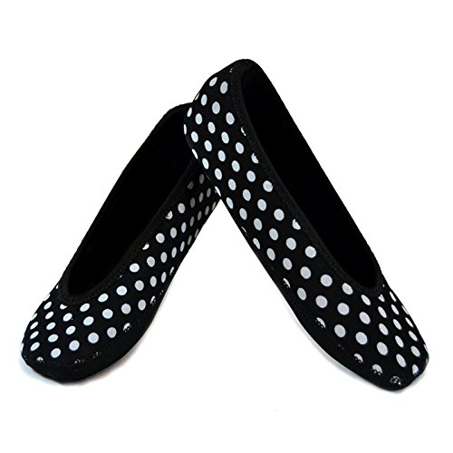 NuFoot Ballet Flats Women's Shoes Foldable & Flexible Flats Slipper Socks Travel Slippers & Exercise Shoes Dance Shoes Yoga Socks House Shoes Indoor Slippers Black with White Polka Dot Large