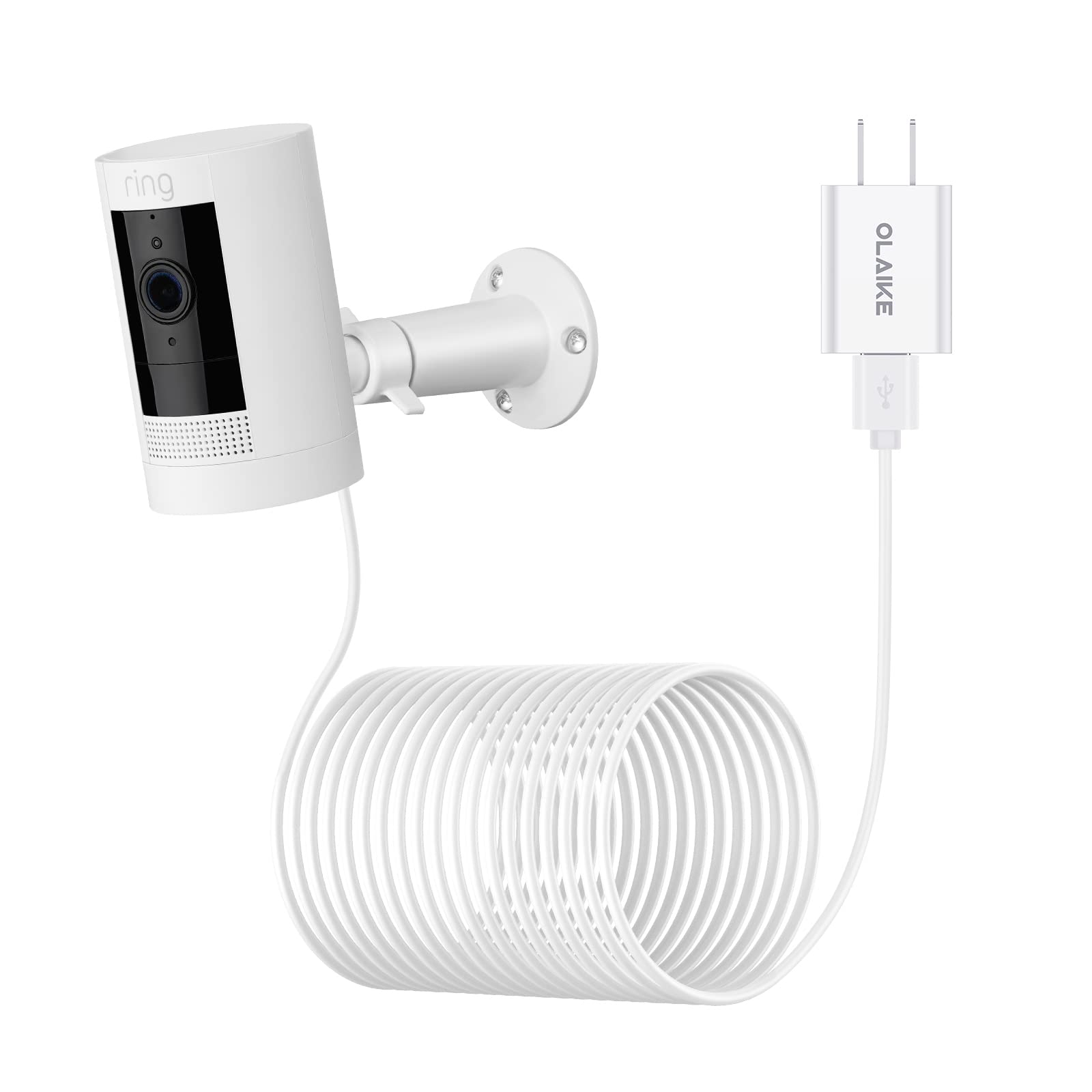 OLAIKE Power Adapter with Metal Mount Plug in Charger for Stick Up Cam Battery, (5m/ 16ft) Waterproof Charging Cable Bundle with 360 Degree Angle Adjustment Bracket, White