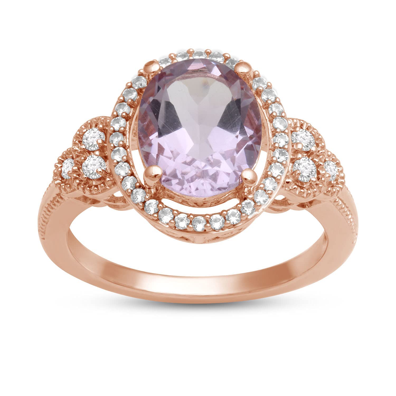 Jewelili 10K Rose Gold with 10x8 MM Oval Shape Rose De France and Created White Sapphire Halo Ring, Size 7