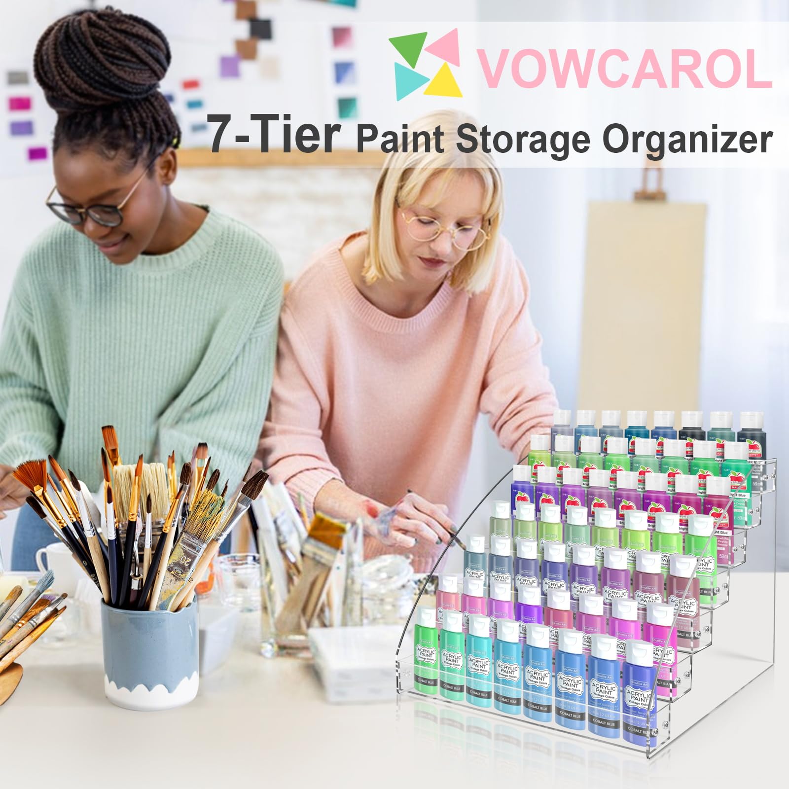 Vowcarol Clear Acrylic Paint Organizer 7 Tiers, Model Paint Organizer Miniature Paint Holder 7 Layers Paint Storage Rack, Craft Paint Organizer Rack