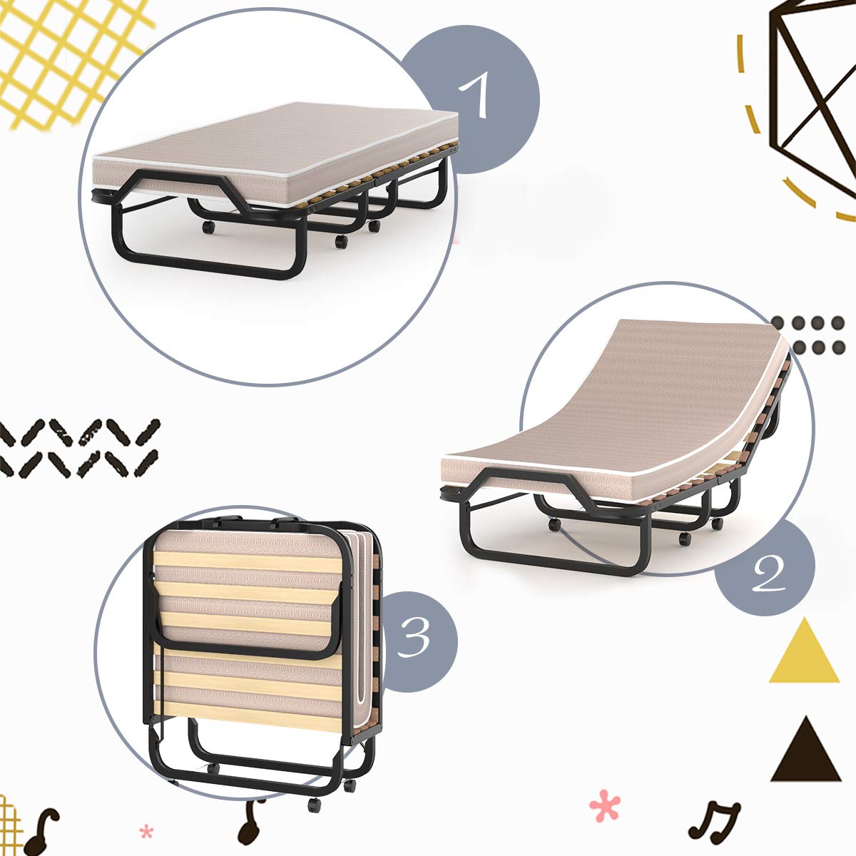 KOMFOTT Folding Bed with 4” Mattress, Foldable Rollaway Bed with Memory Foam Mattress for Adults, Portable Fold Up Guest Bed with Sturdy Steel Frame on Wheels, Made in Italy